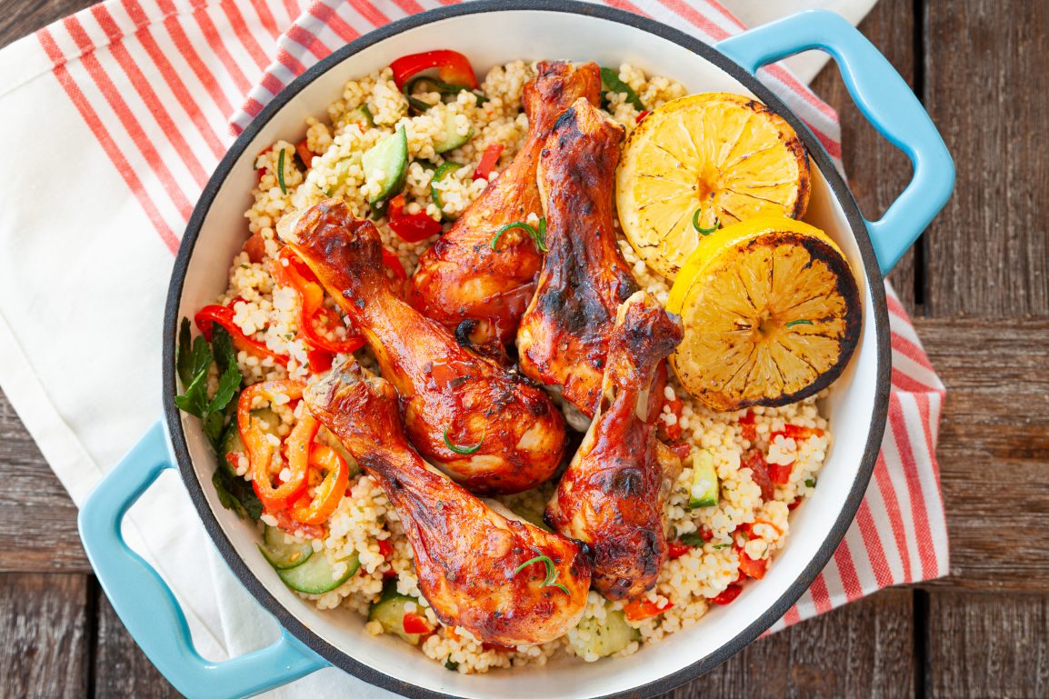 Honey-harissa chicken bake on bulgur wheat - pnpeswatini